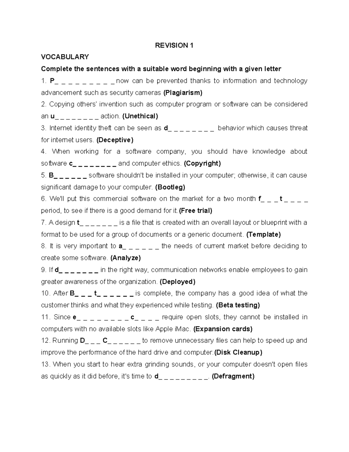 REVISION 1: VOCABULARY & GRAMMAR EXERCISES - Studocu