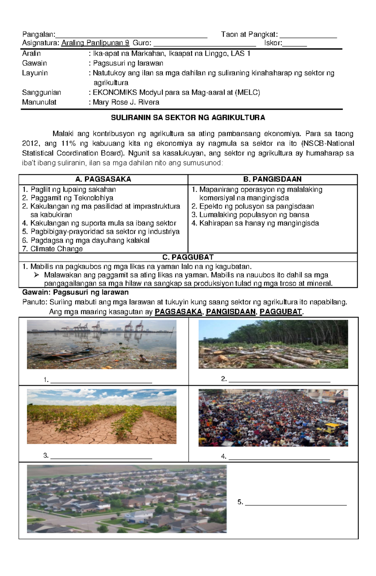 AP9 Araling Panlipunan Q4 Wk 4 LAS 1: Suliranin sa Agrikultura - Studocu