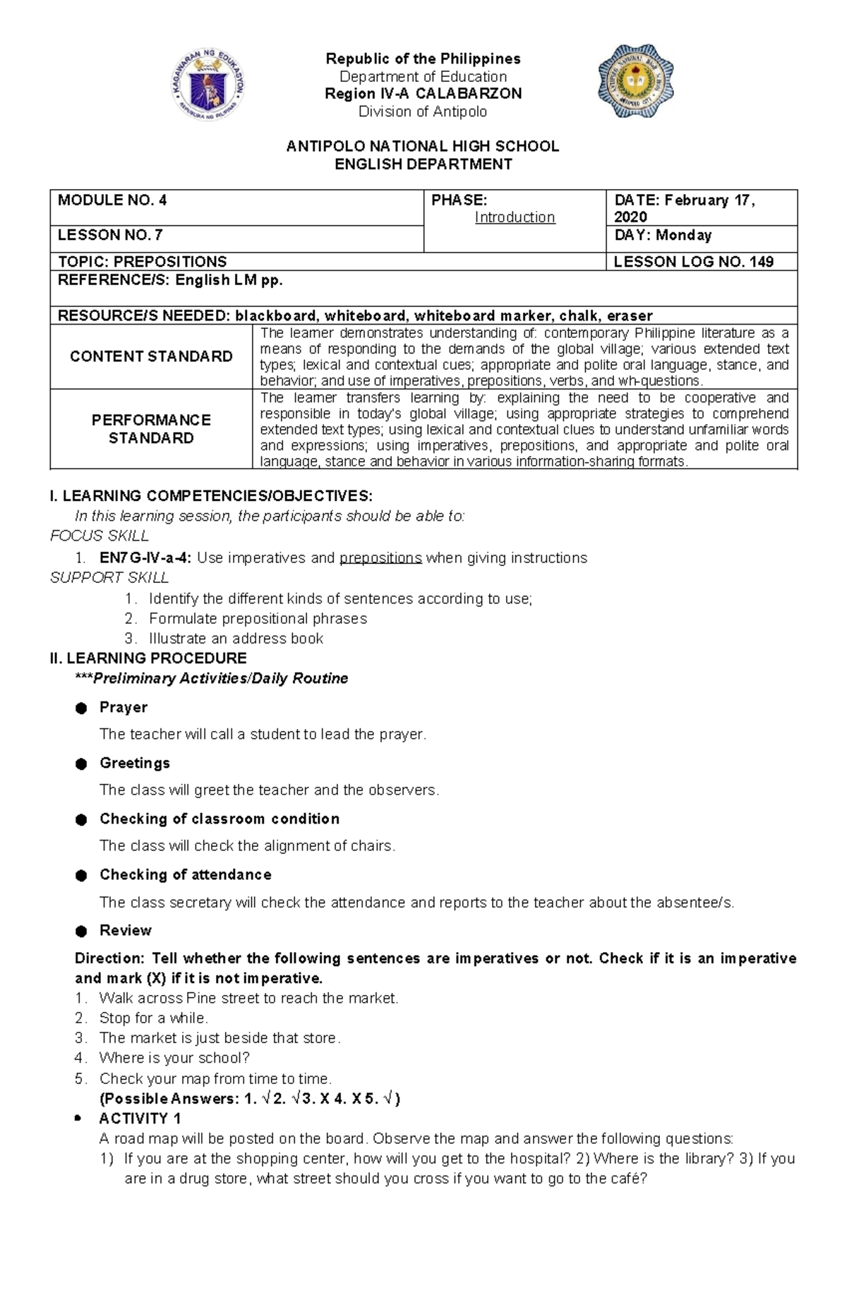 Grade 7 English Lesson Plan: Understanding Prepositions (Module 4 ...
