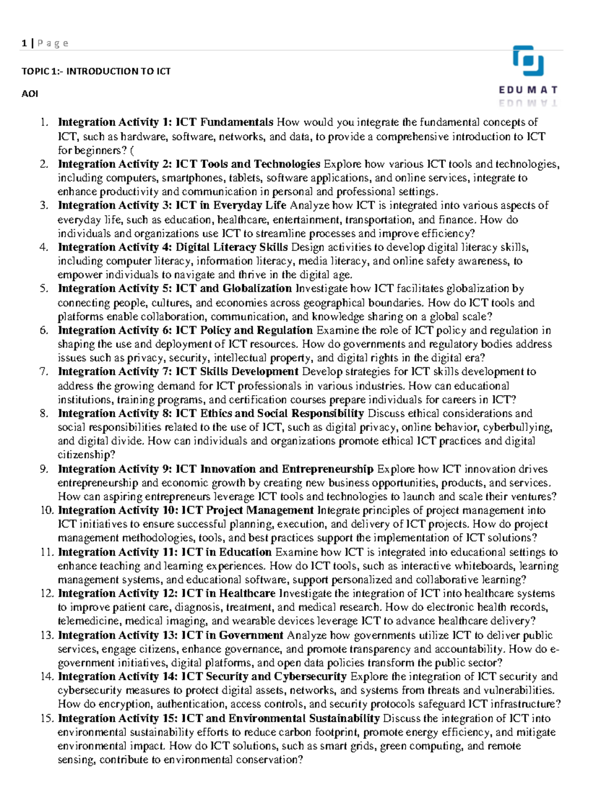 ICT Integration Activities & Scenario Questions Overview for AOI - Studocu