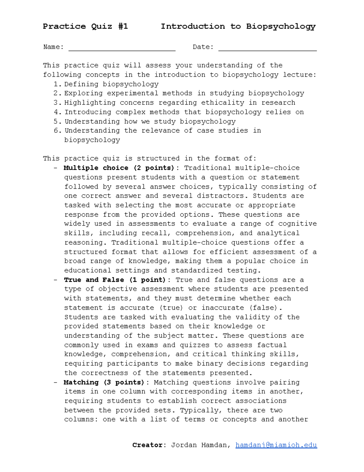Lecture #1 Quiz Biopsychology Introduction - Name ...