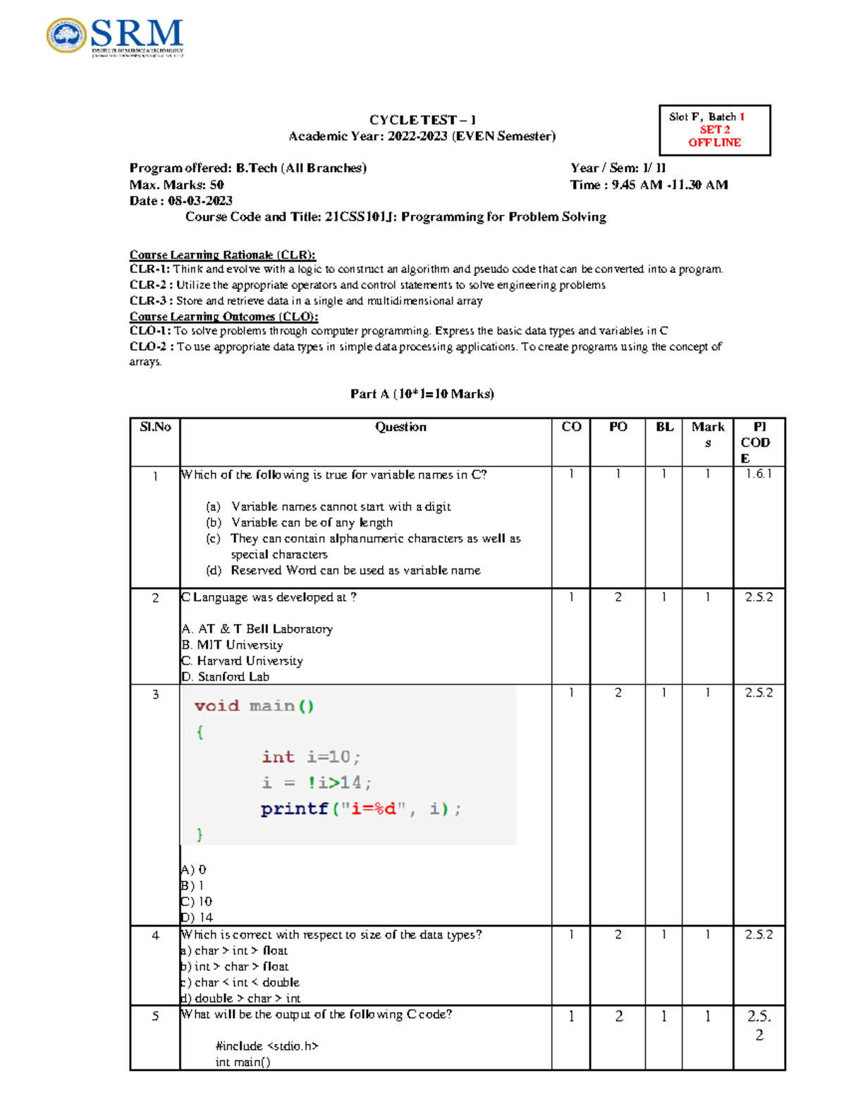 CYCLE TEST I (21CSS101J) - Programming for Problem Solving (SET 2 ...