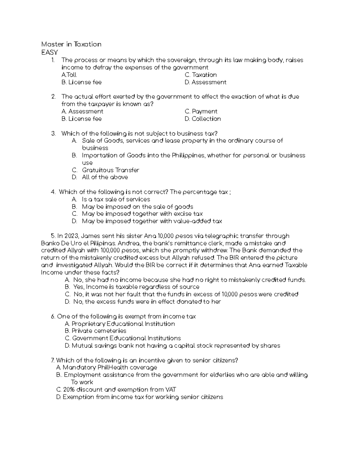 Master in Taxation - Quiz Notes on Tax Concepts and Regulations - Studocu