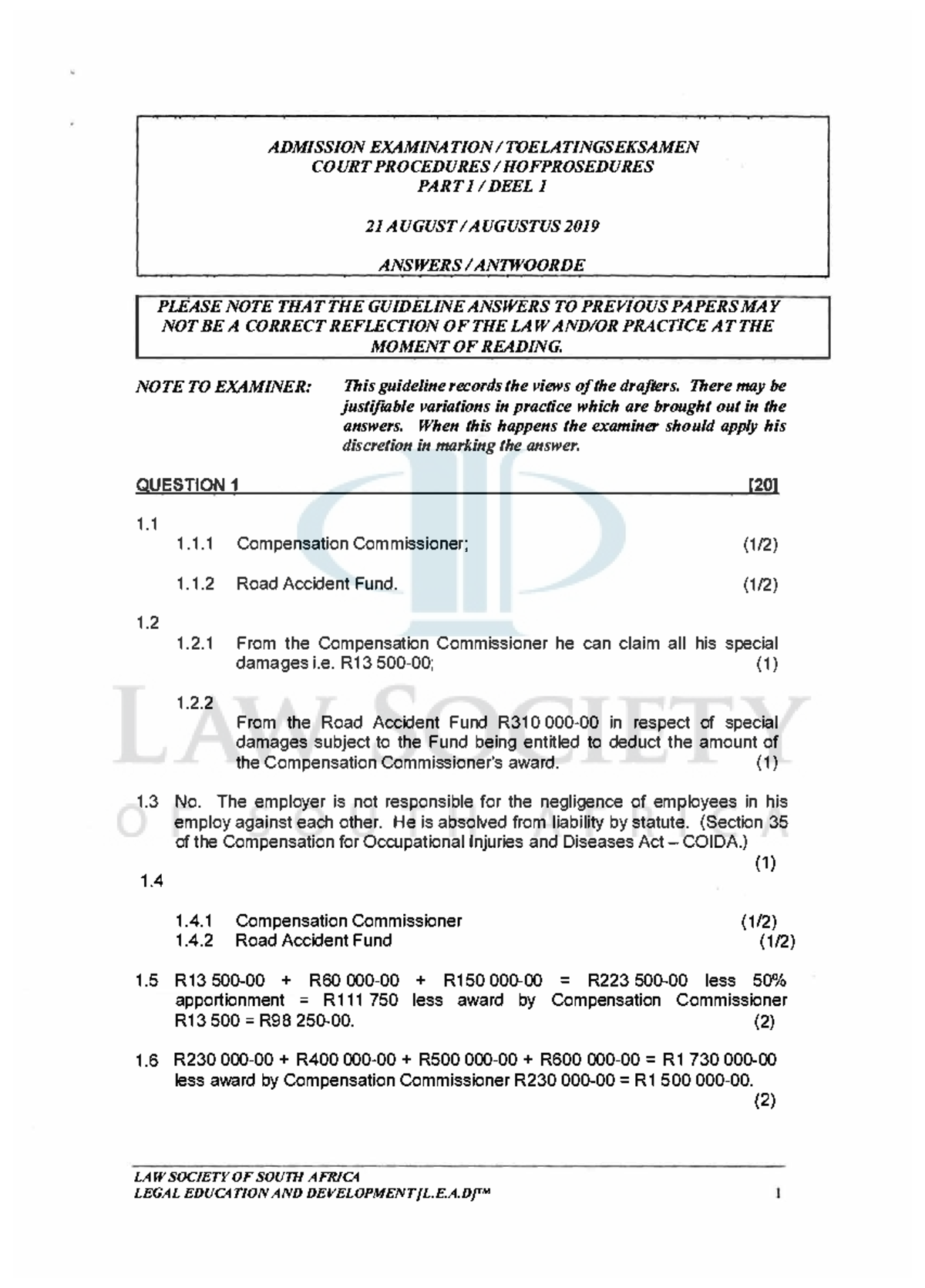 ADMISSION EXAMINATION 2019: COURT PROCEDURES PART 1 MEMO - Studocu