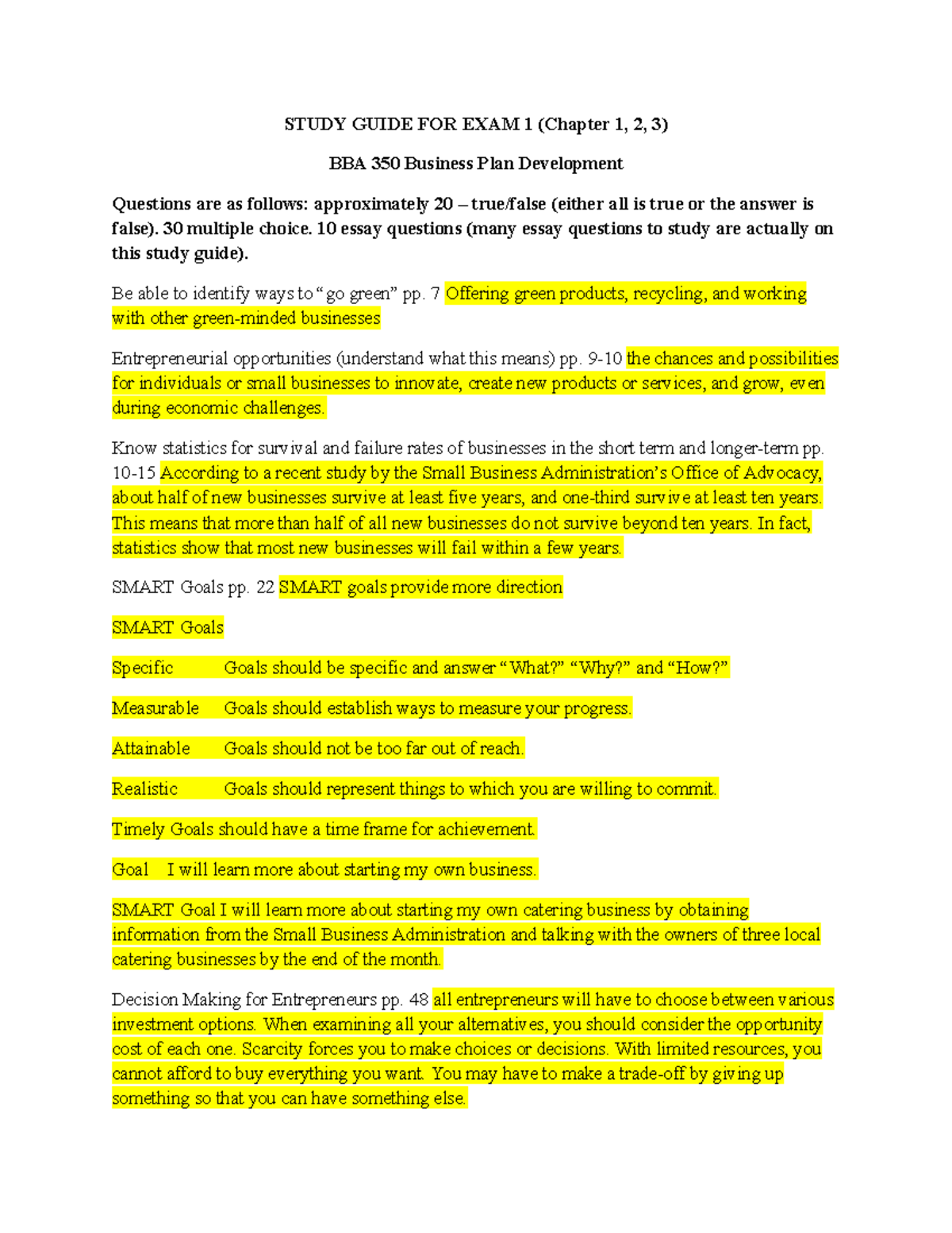 BBA 350 Final Exam Study Guide: Business Plan Development Concepts - STUDY GUIDE FOR EXAM 1 ...