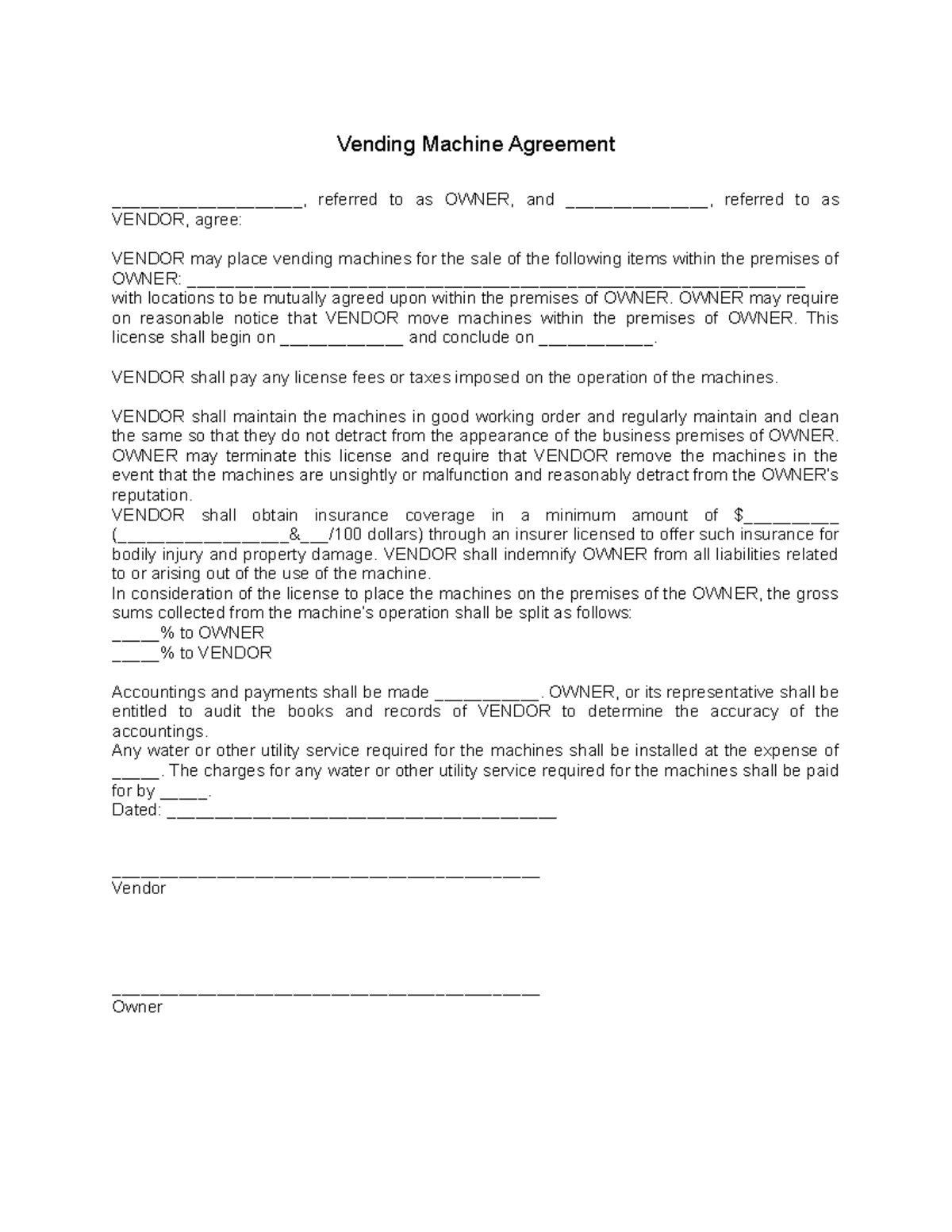 VNDG 101: Vending Machine Agreement Template & Review List - Studocu