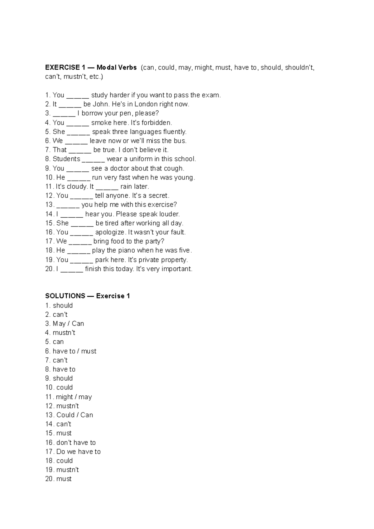 Exercise 1: Modal Verbs (can, could, may, might, must, should) - Studocu