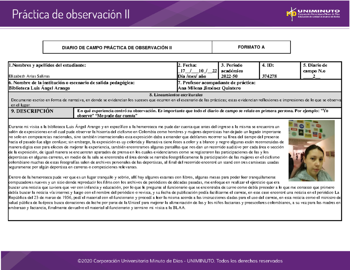 Diario de campo #2 - DIARIO DE CAMPO PRÁCTICA DE OBSERVACIÓN II FORMATO ...