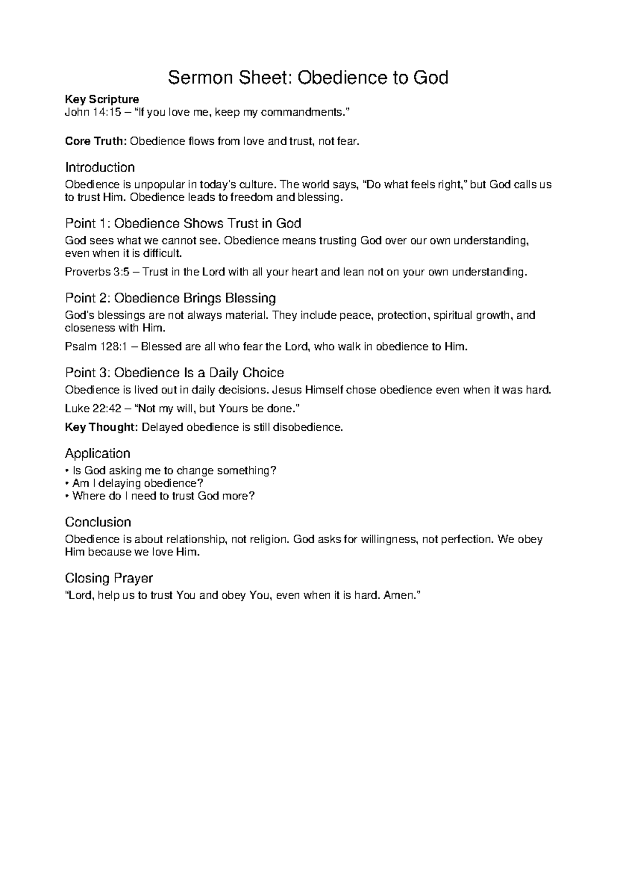 Sermon Sheet: Embracing Obedience to God - John 14:15 Insights - Studocu