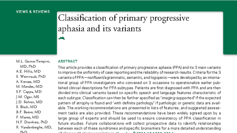 Classification of Primary Progressive Aphasia Variants: Insights and ...
