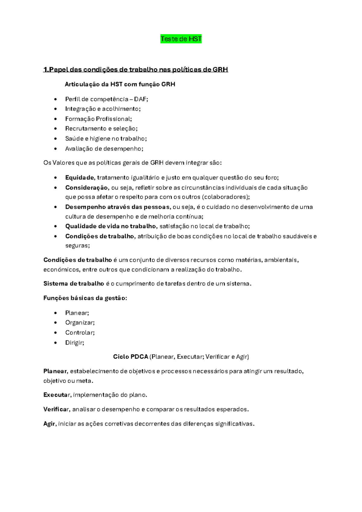 Resumos para o Teste de HST: Condições de Trabalho e Segurança - Studocu