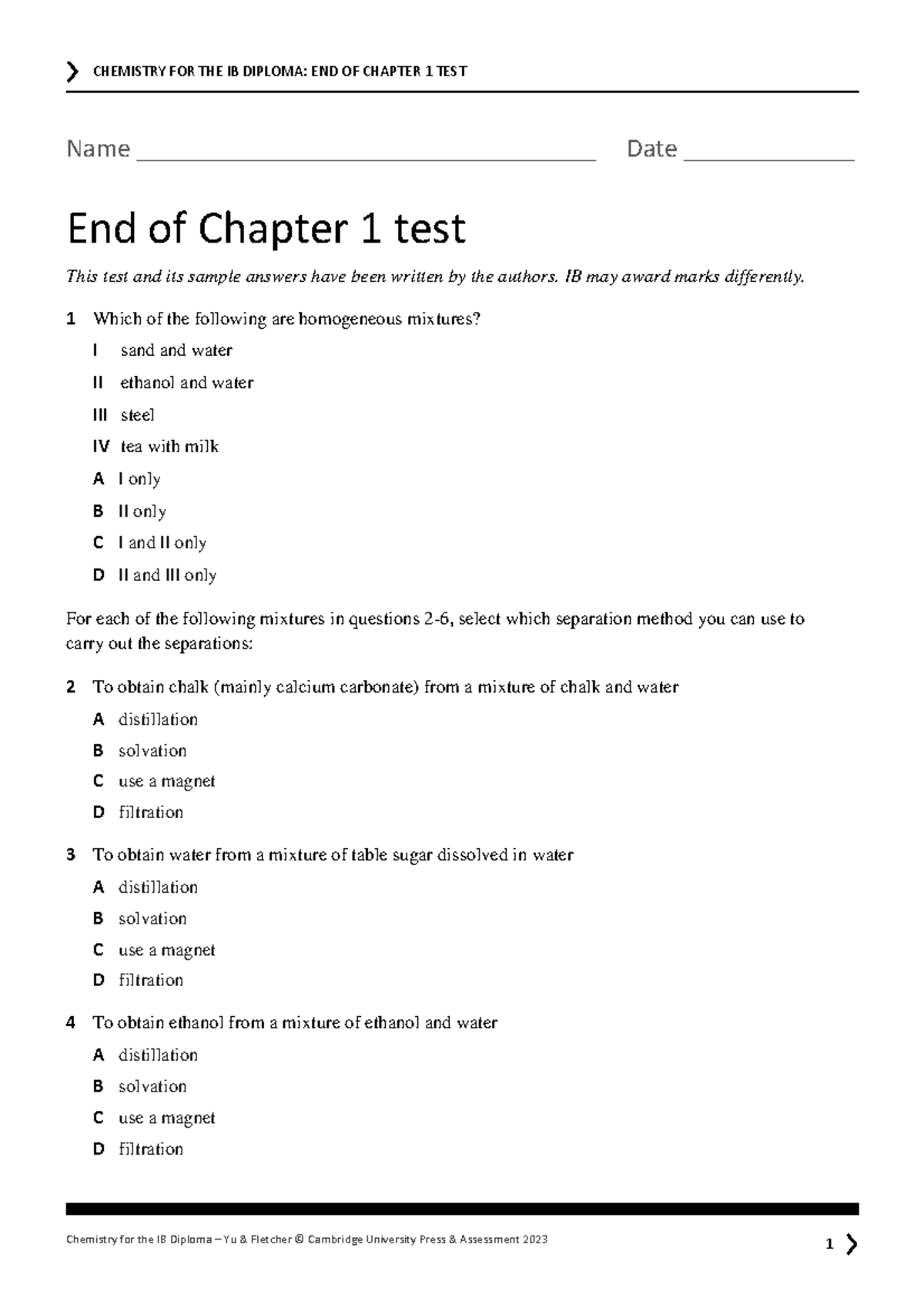 CHEMISTRY FOR THE IB DIPLOMA: CHAPTER 1 TEST & ANSWERS - Studocu