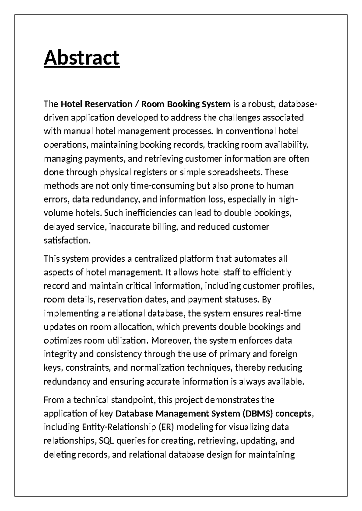 Hotel Reservation Room Booking System - DBMS Project Overview - Studocu