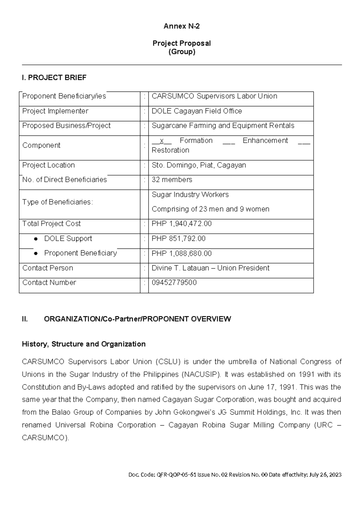 **QFR-QOP-05-61 Sugarcane Farming & Equipment Rental Project Proposal ...
