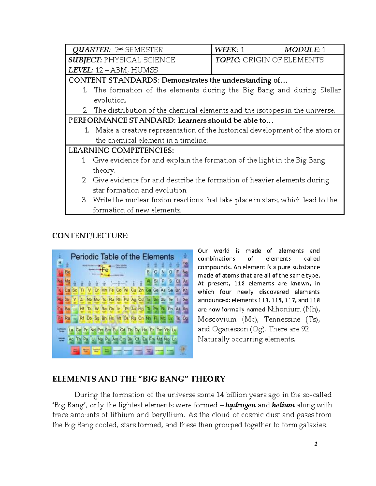 PHYSICAL SCIENCE 12 HUMSS: ORIGIN OF ELEMENTS - 2ND SEMESTER MODULE 1 ...