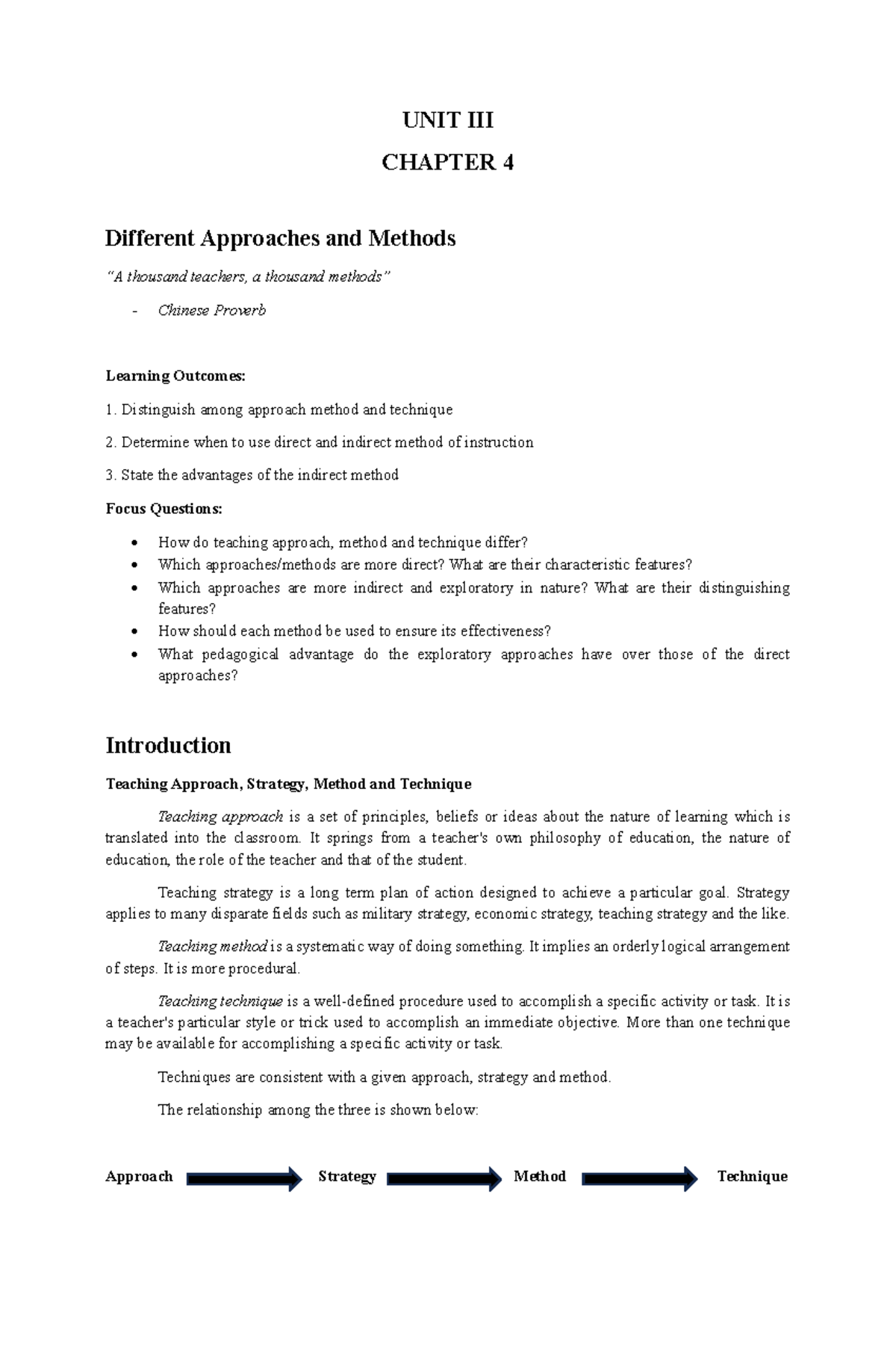 Unit III Chapter 4: Different approaches and methods in teaching - Studocu