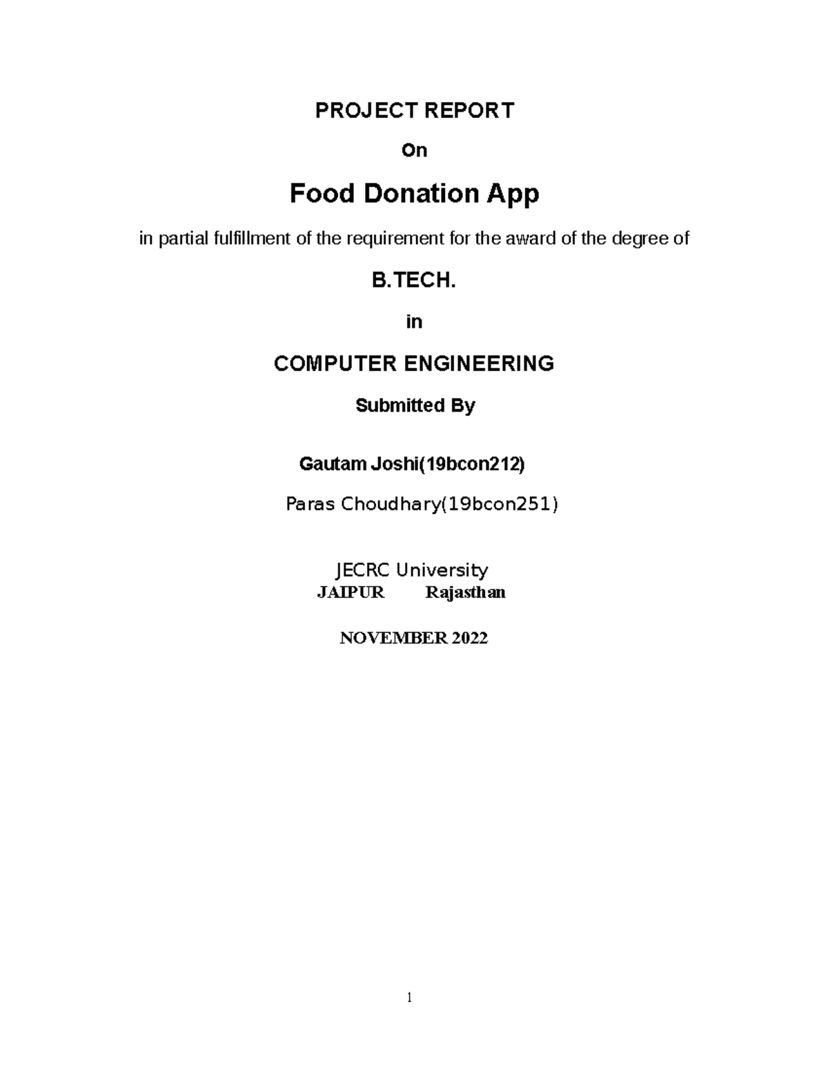Final Year Project Report on Food Donation App (19bcon212, 19bcon251 ...