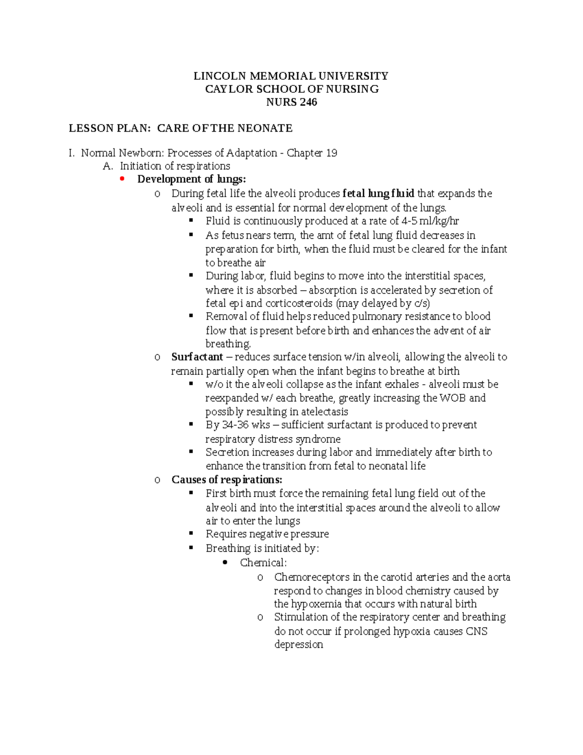 NURS 246 - Lesson Plan: Neonatal Care and Adaptations Study Guide - Studocu
