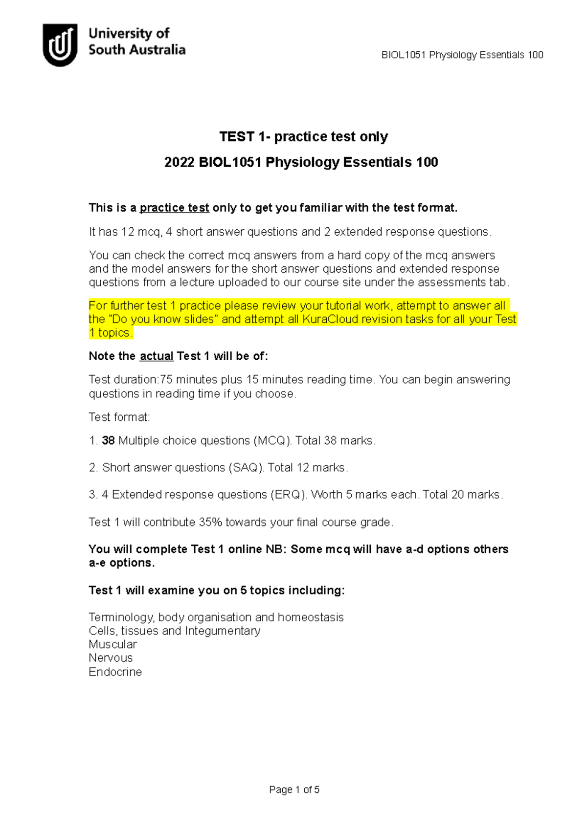 BIOL1051 2022 Test 1 Practice: MCQs, Short & Extended Responses - Studocu