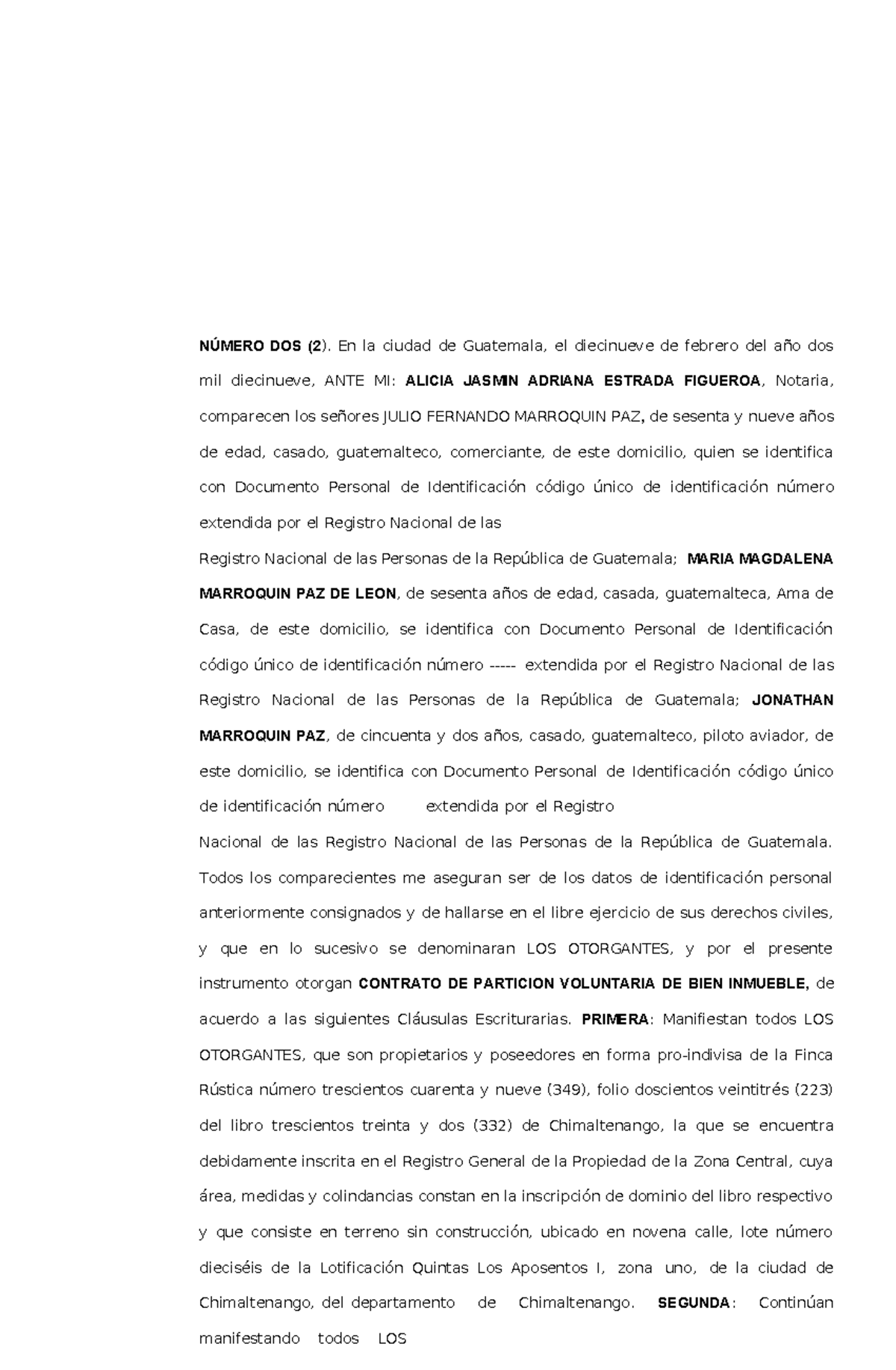 Escritura Pública de Partición Voluntaria de Bien Inmueble - Studocu