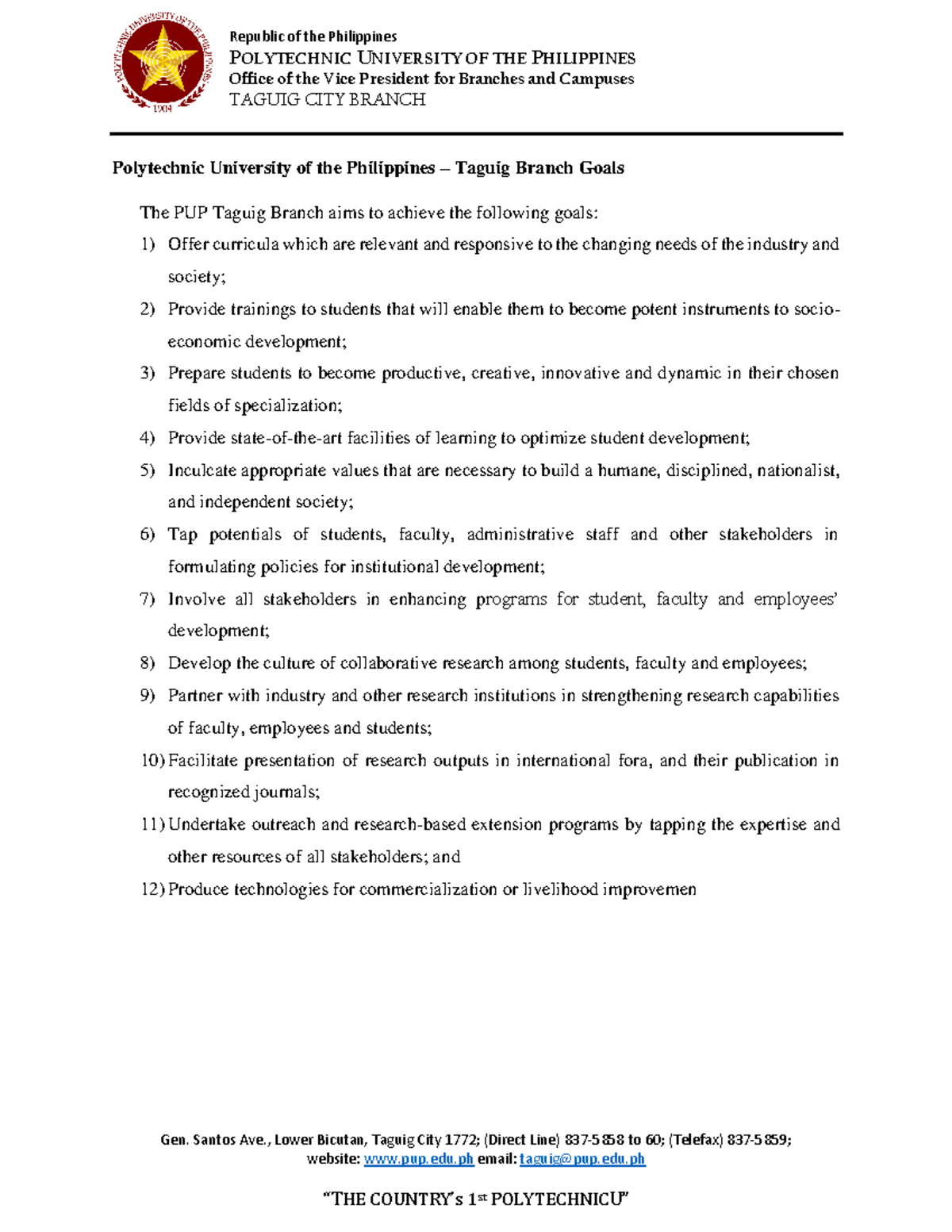 PUPT-Goals - PUP mission vision - Gen. Santos Ave., Lower Bicutan ...