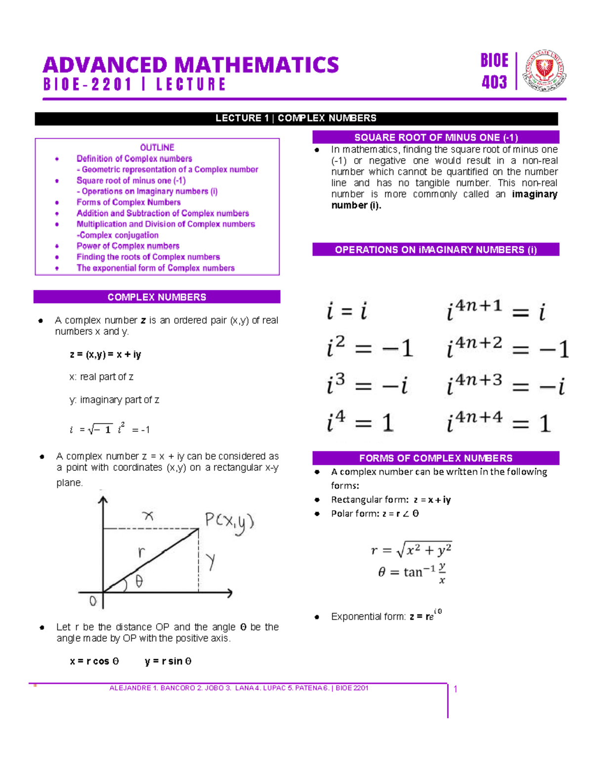 Lecture 1: Introduction to Complex Numbers and Their Operations - Studocu