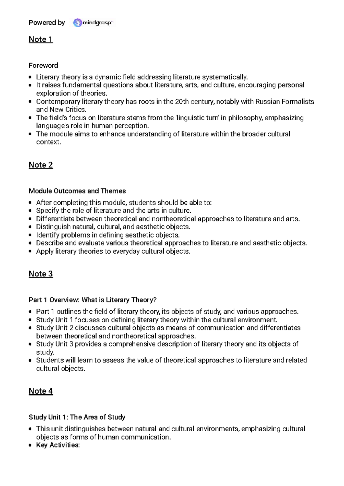 Smart-Notes: Literary Theory Overview and Key Concepts (ENG 101) - Studocu
