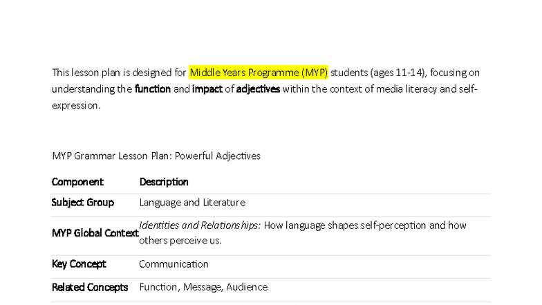 MYP Lesson Plan: Understanding Powerful Adjectives in Media - Studocu