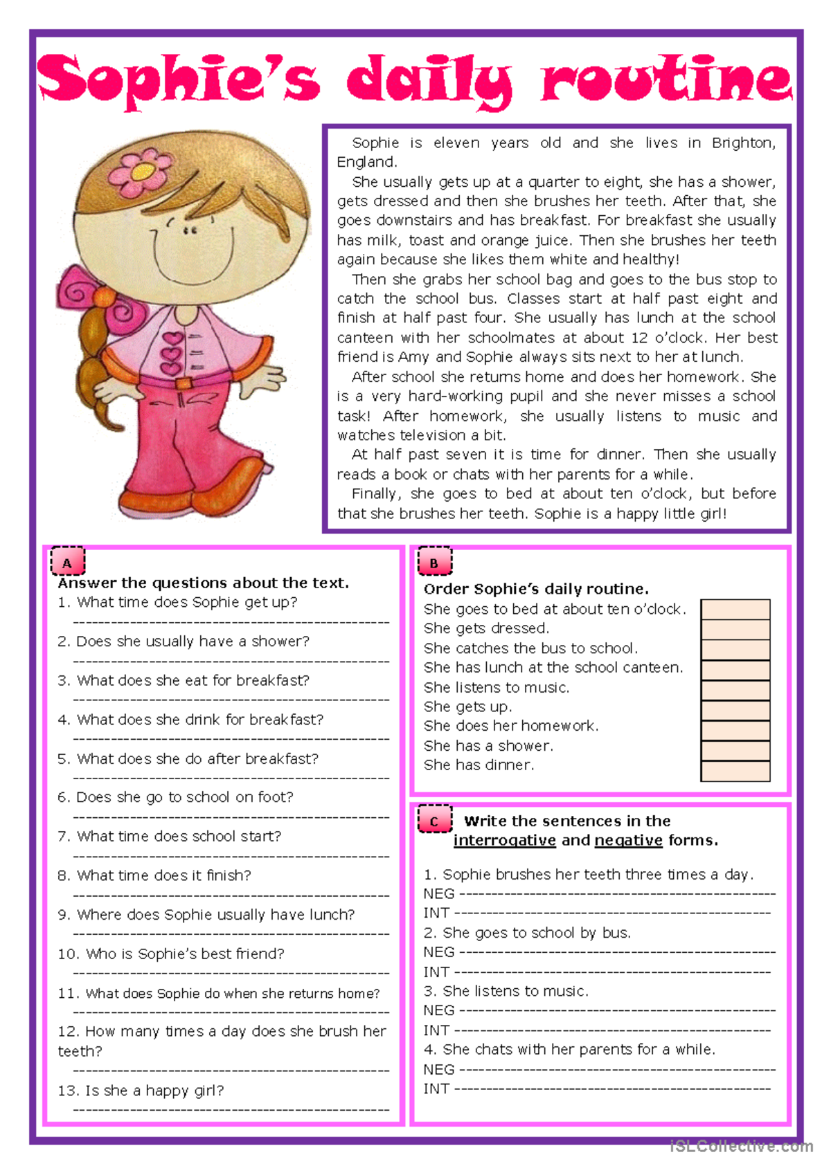 Sophie’s Daily Routine Worksheet: Questions & Exercises - Studocu