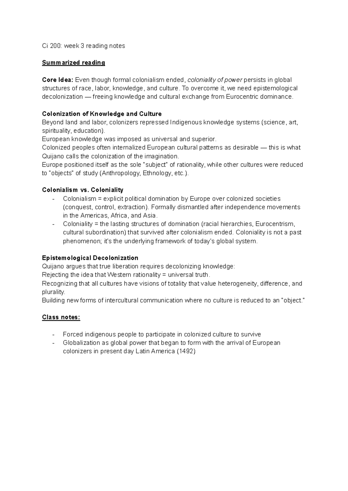 Ci 200: Week 3 Reading Notes on Coloniality and Decolonization - Studocu