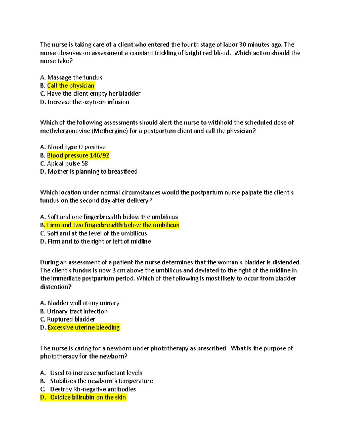 Practice NCLEX Questions: Postpartum & Newborn Care - Studocu