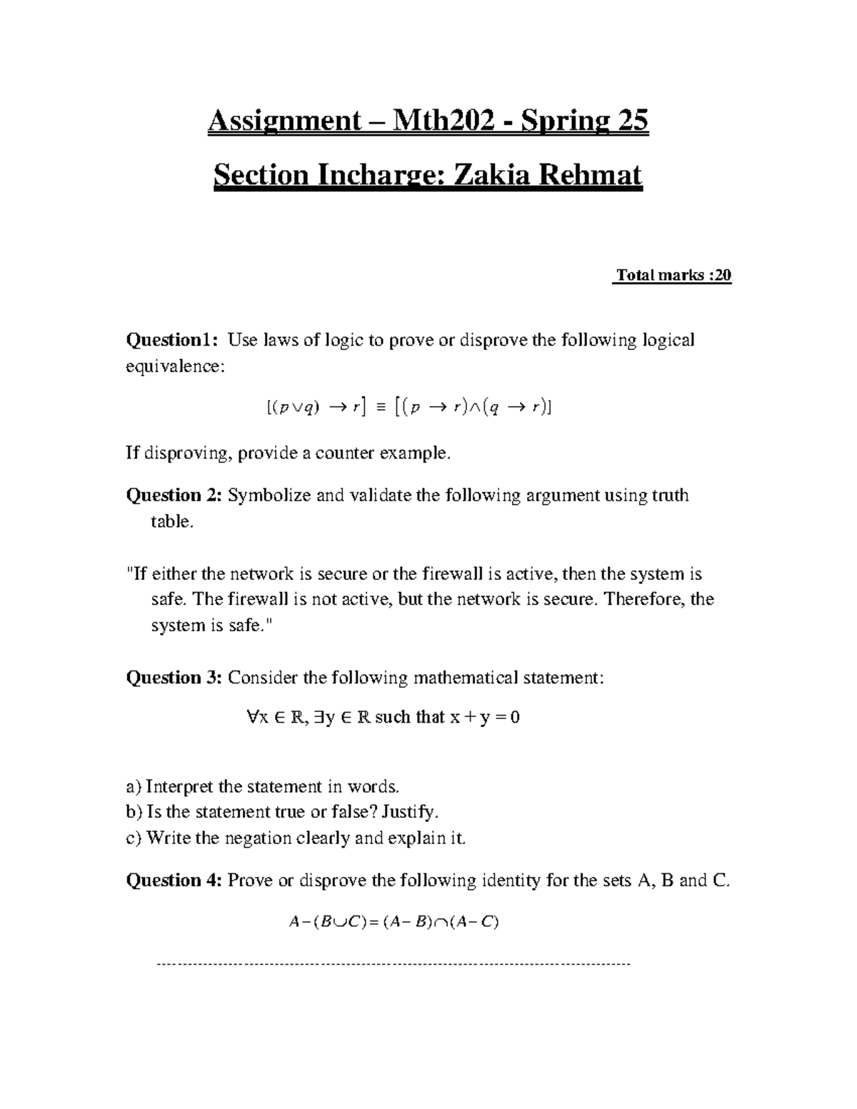 Assignment Mth202 -Spring 25 - Section Incharge- Zakia Rehmat ...