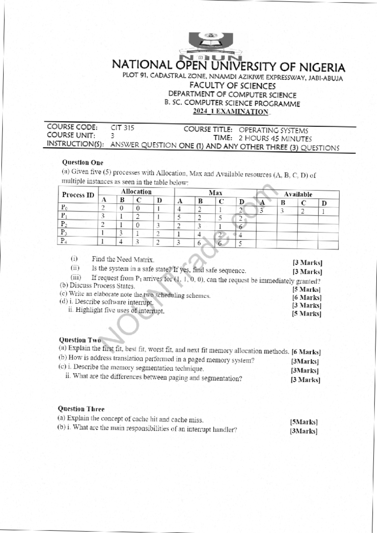 CIT 315 - Operating Systems Past Exam Questions and Solutions - Studocu