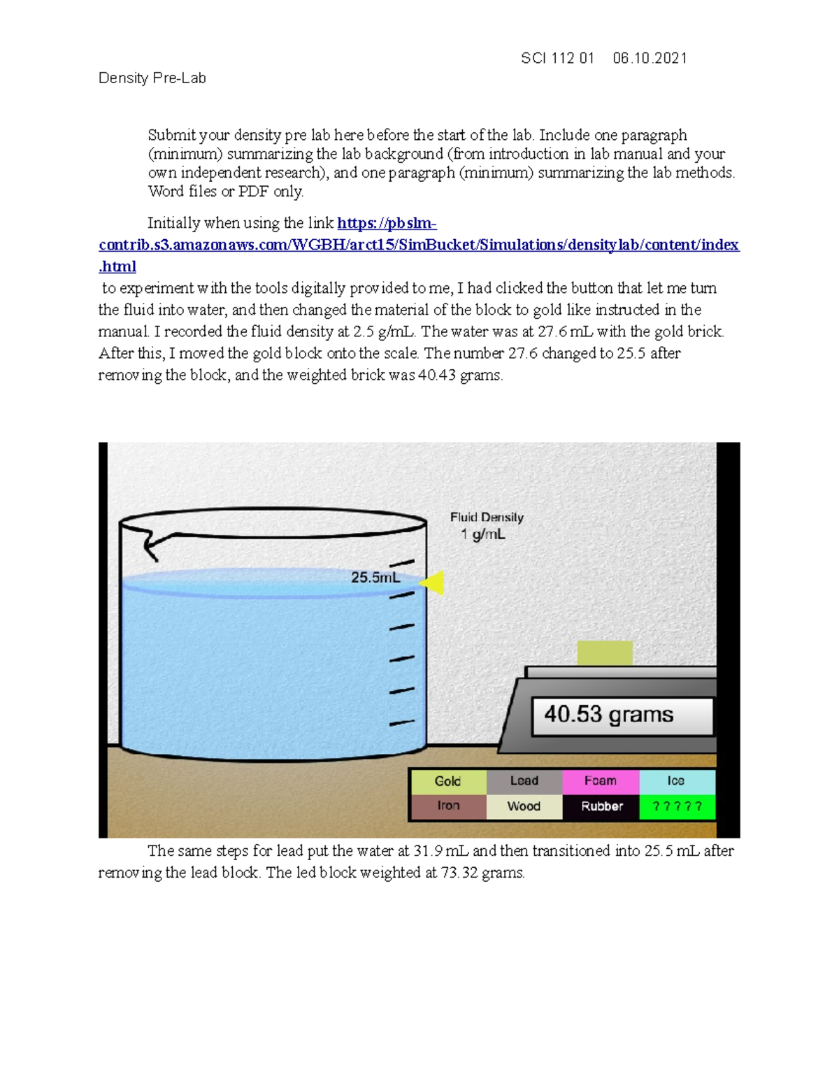 Density Pre-Lab Report - SCI 112: Exploring Density Concepts - Studocu