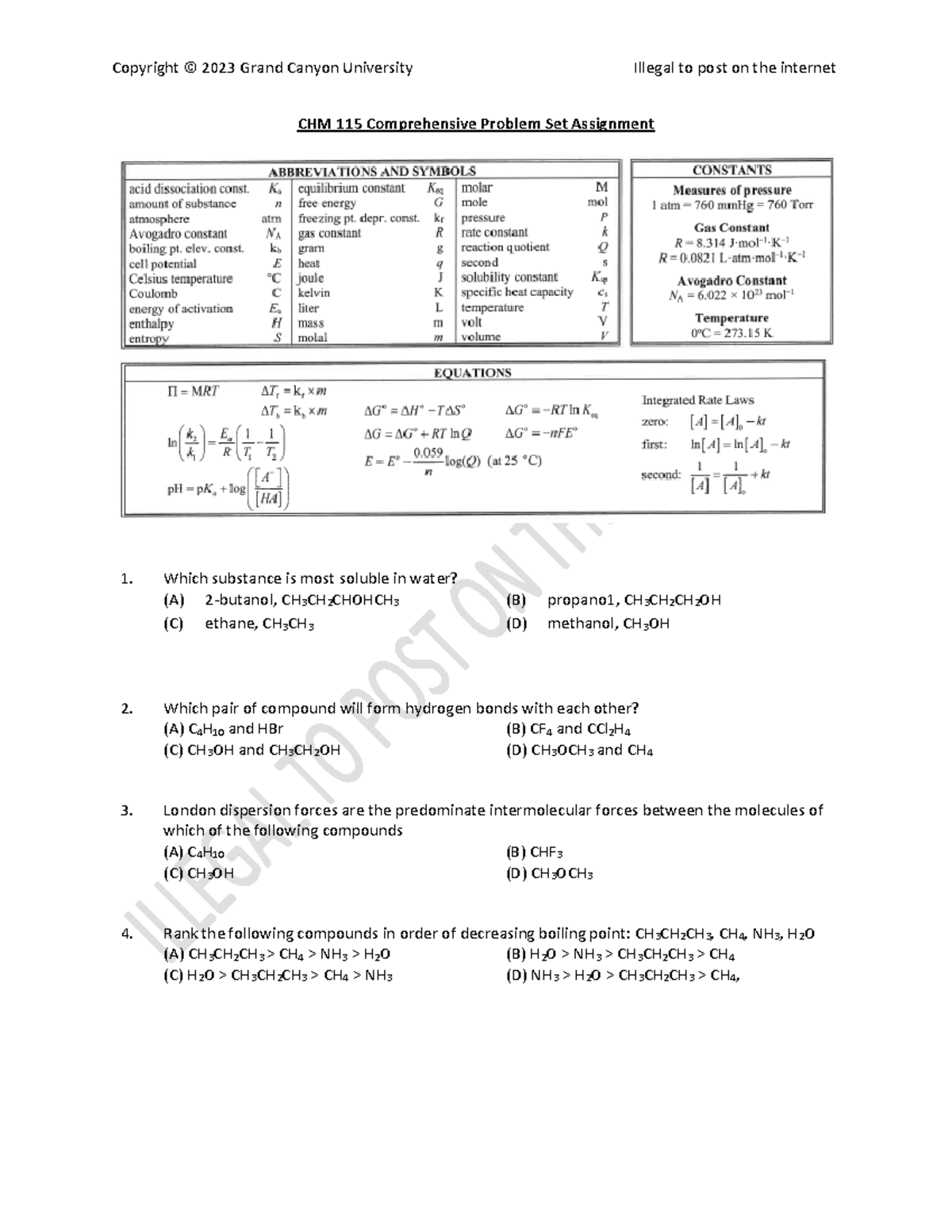 CHM115 Practice Comprehensive Problem Set FA2023 - Studocu
