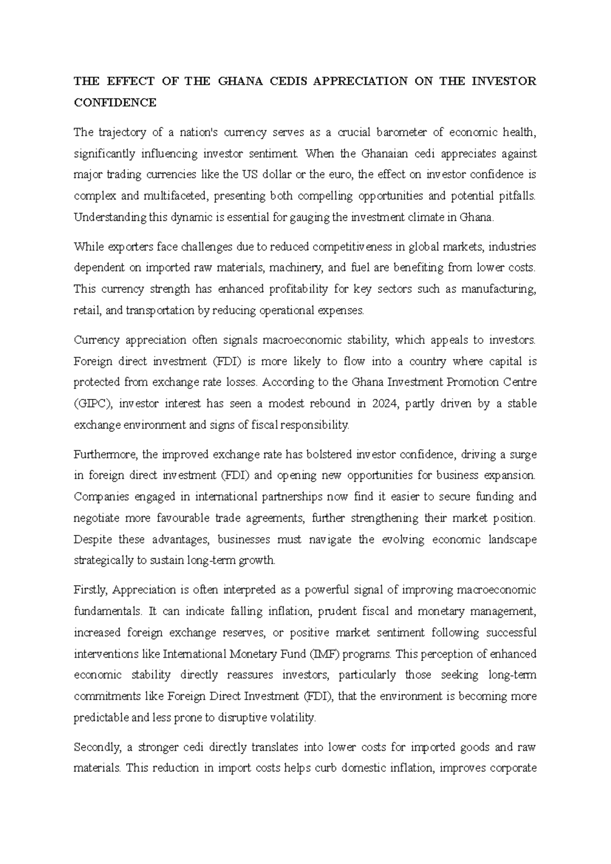 The Impact of Ghana Cedis Appreciation on Investor Confidence - Studocu