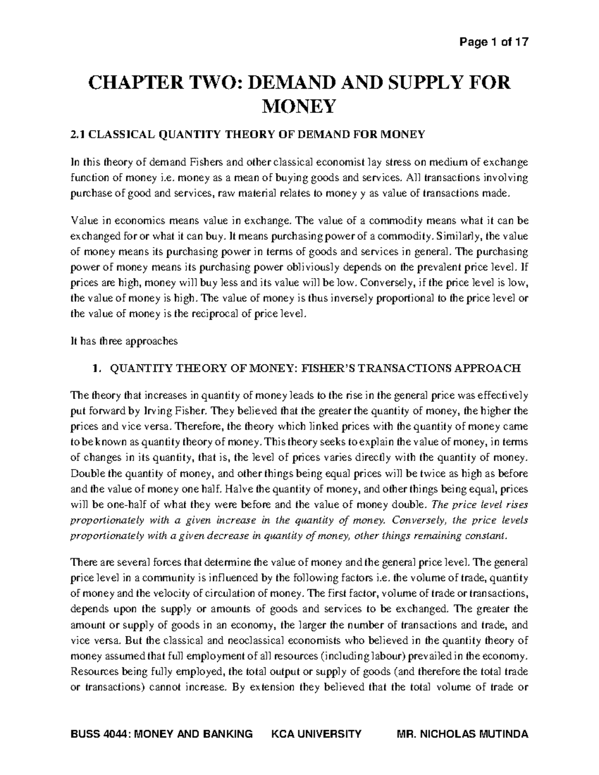 BUSS 4044: Money and Banking - Theories of Money Demand and Supply Insights - CHAPTER TWO ...