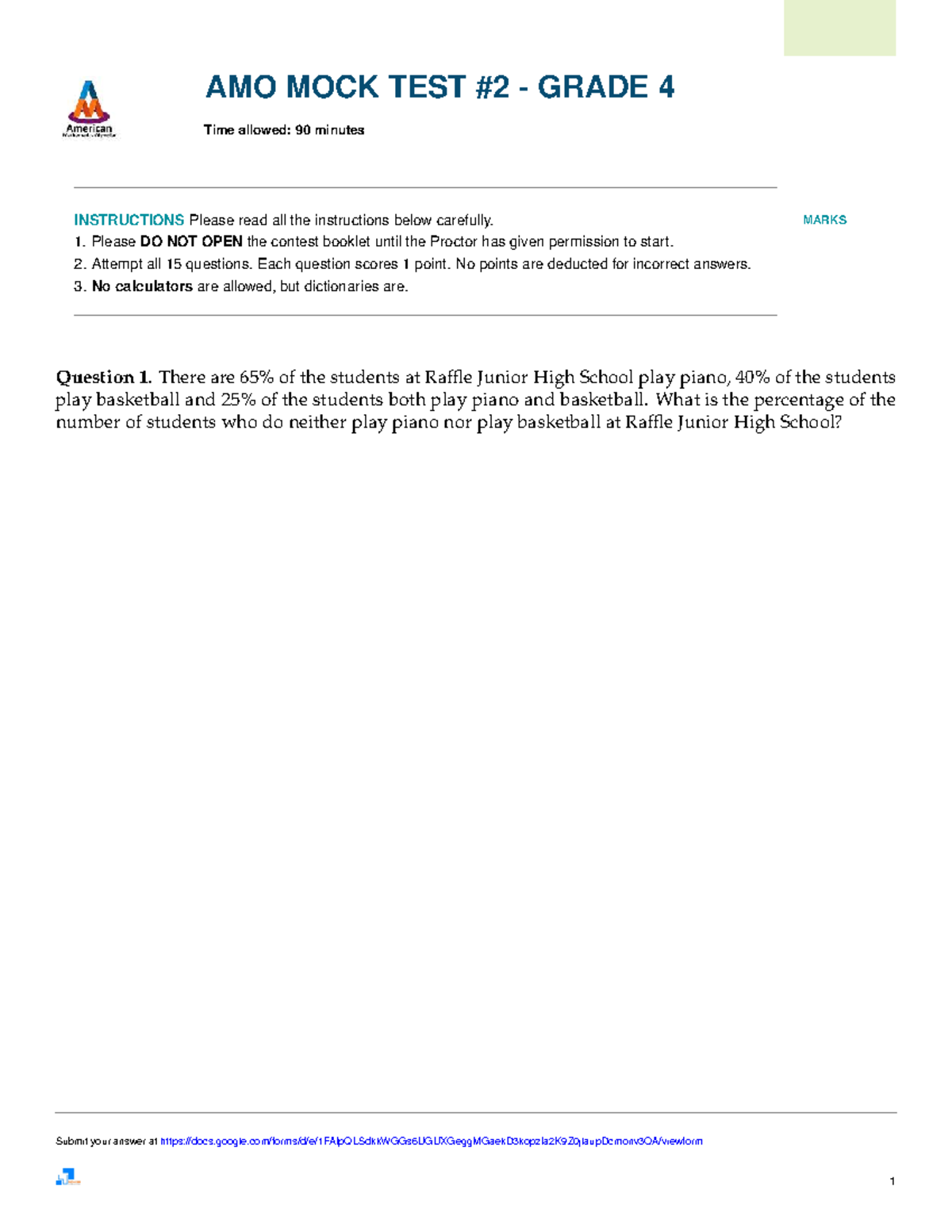 AMO MOCK TEST GRADE 4: Comprehensive Practice Questions - Studocu