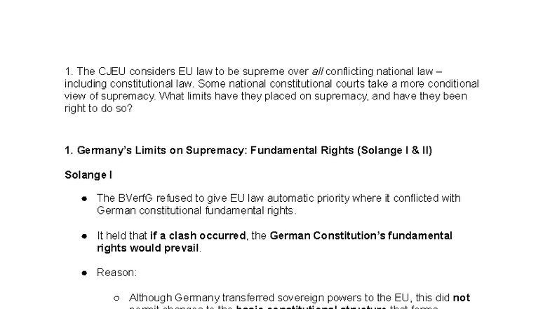 EU Law - tutorial work - The CJEU considers EU law to be supreme over ...