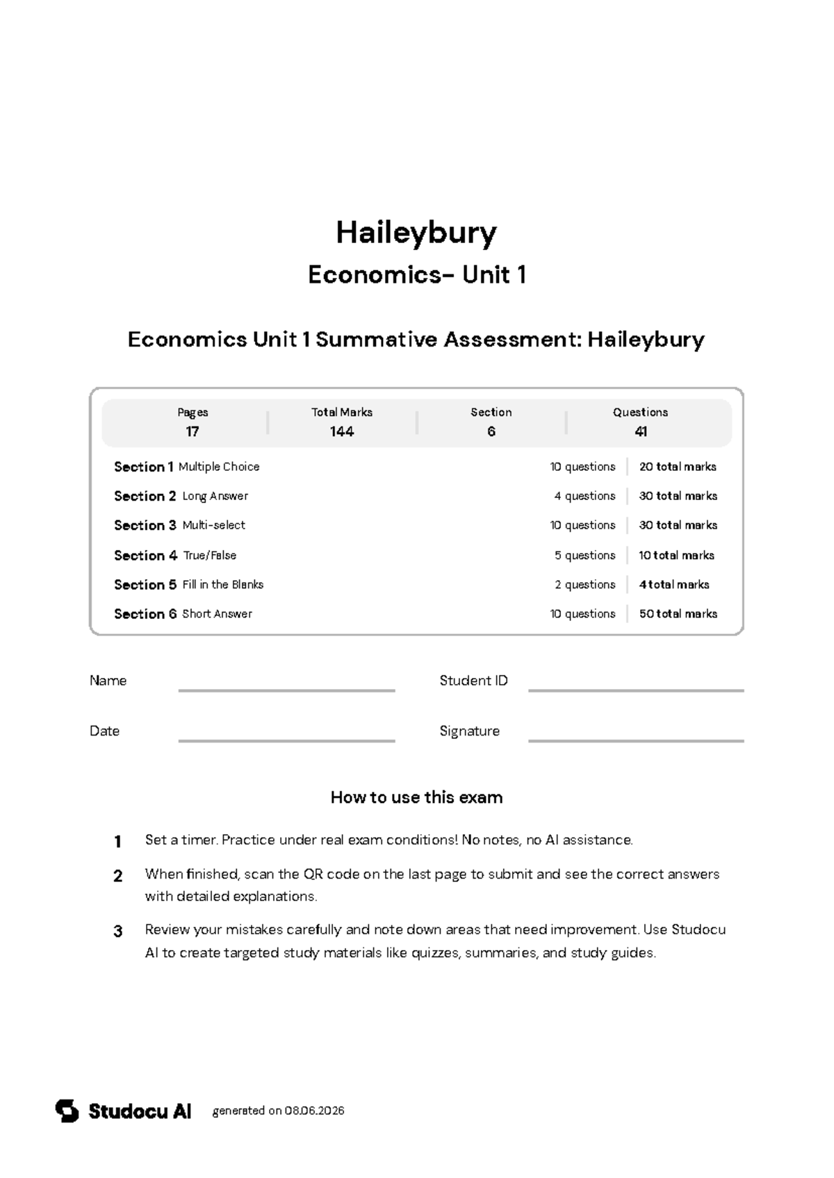 Economics Unit 1 Summative Assessment: Haileybury - Studocu