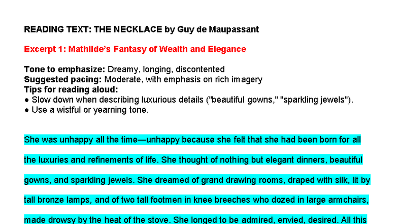 KS3 Reading Text: The Necklace by Guy de Maupassant Analysis - Studocu