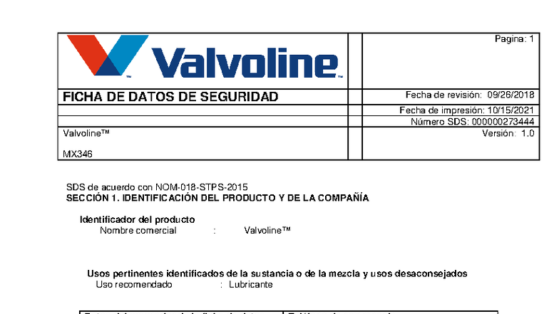 SDS de Lubricante PARAFINA MX346 - Ficha de Datos de Seguridad - Studocu