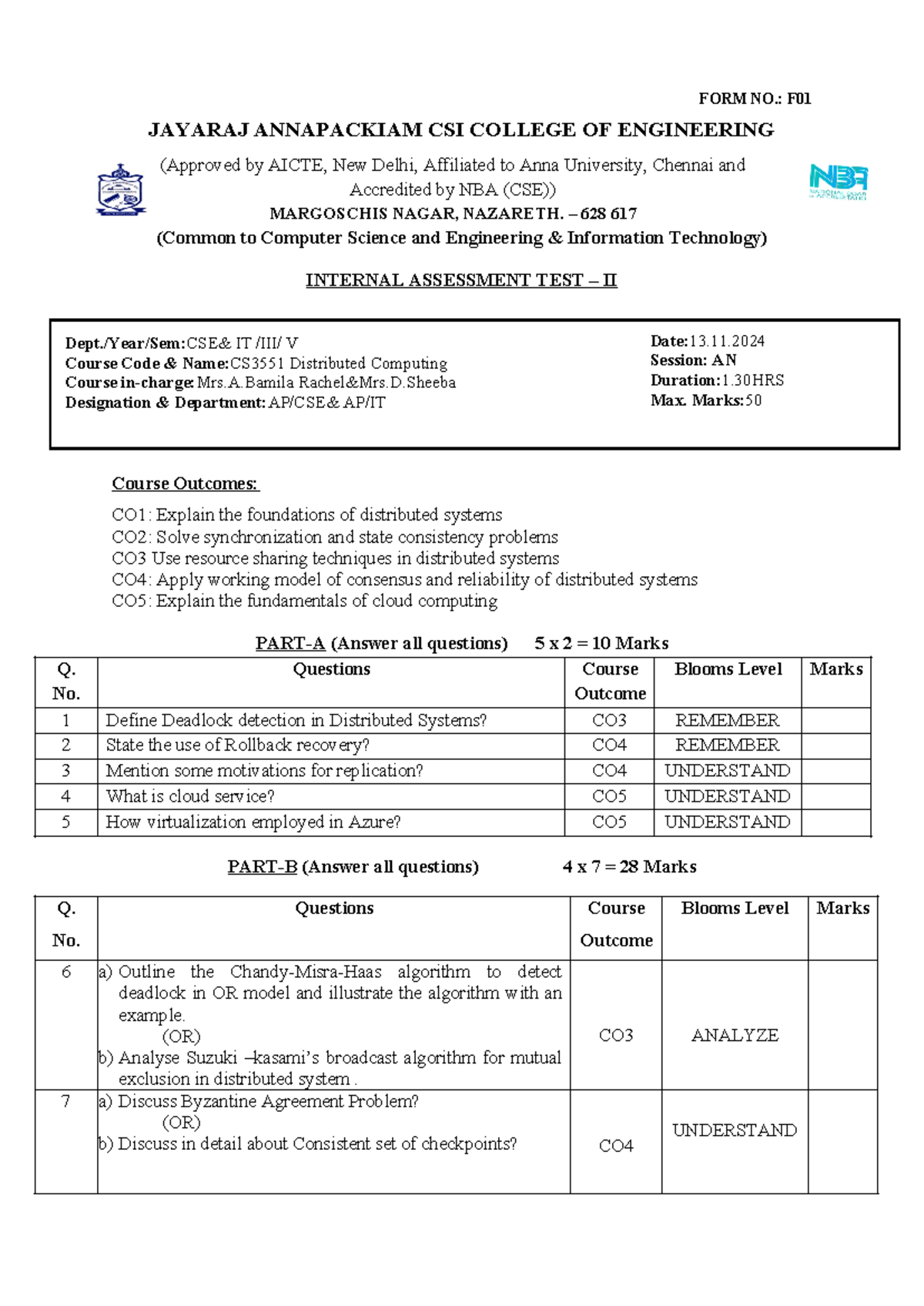 DC IAT-2 Question - Dept./Year/Sem:CSE& IT /III/ V Course Code & Name ...