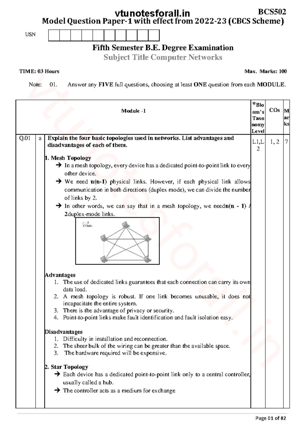 BCS502 Model Question Paper Solutions for Computer Networks - Studocu