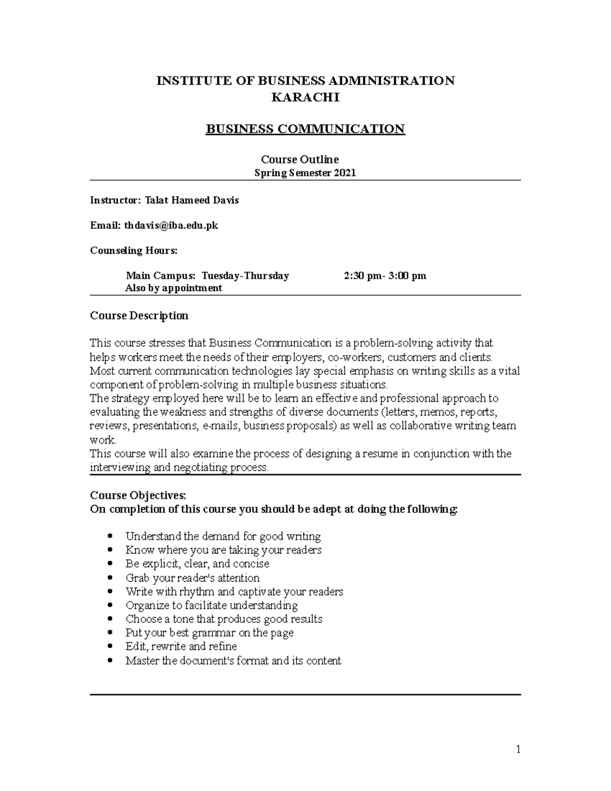 Business Communication (BUS 101) Course Outline by Dr. Talat Davis ...
