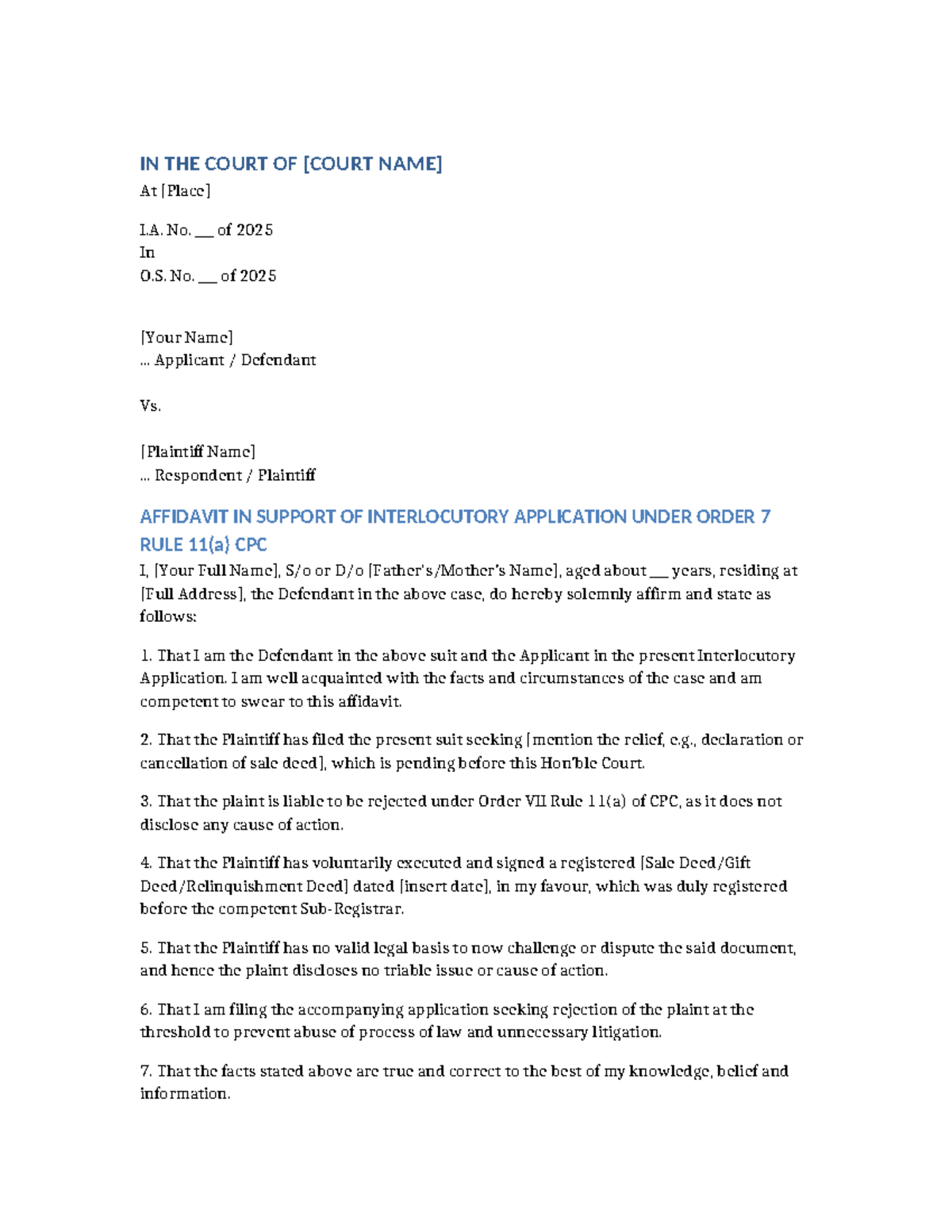 Affidavit in Support of Interlocutory Application Under Order 7 Rule 11 ...