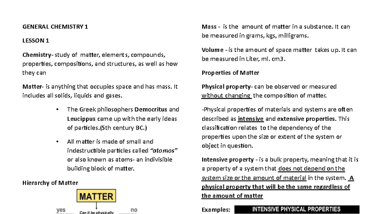 GENERAL CHEMISTRY 1 LESSON 1: Study of Matter and Its Properties - Studocu
