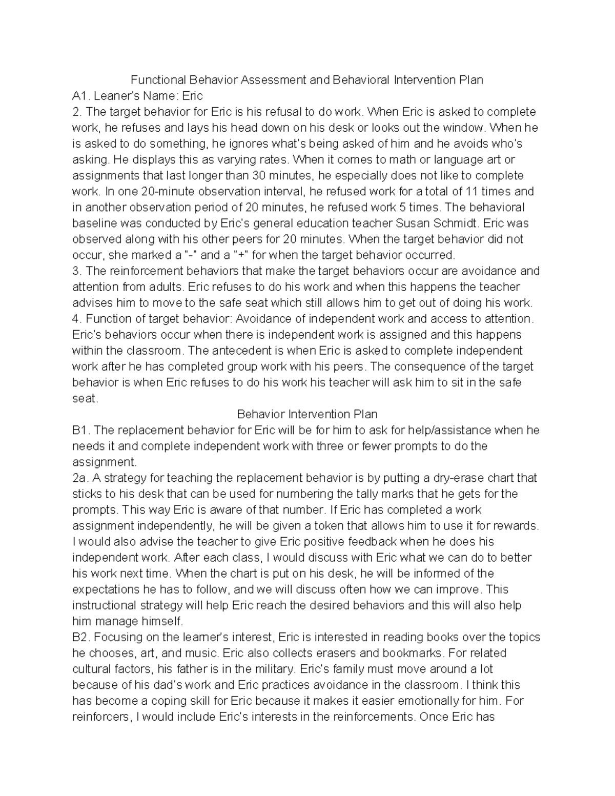 D001 Task 1: Functional Behavior Assessment & Intervention Plan - Studocu