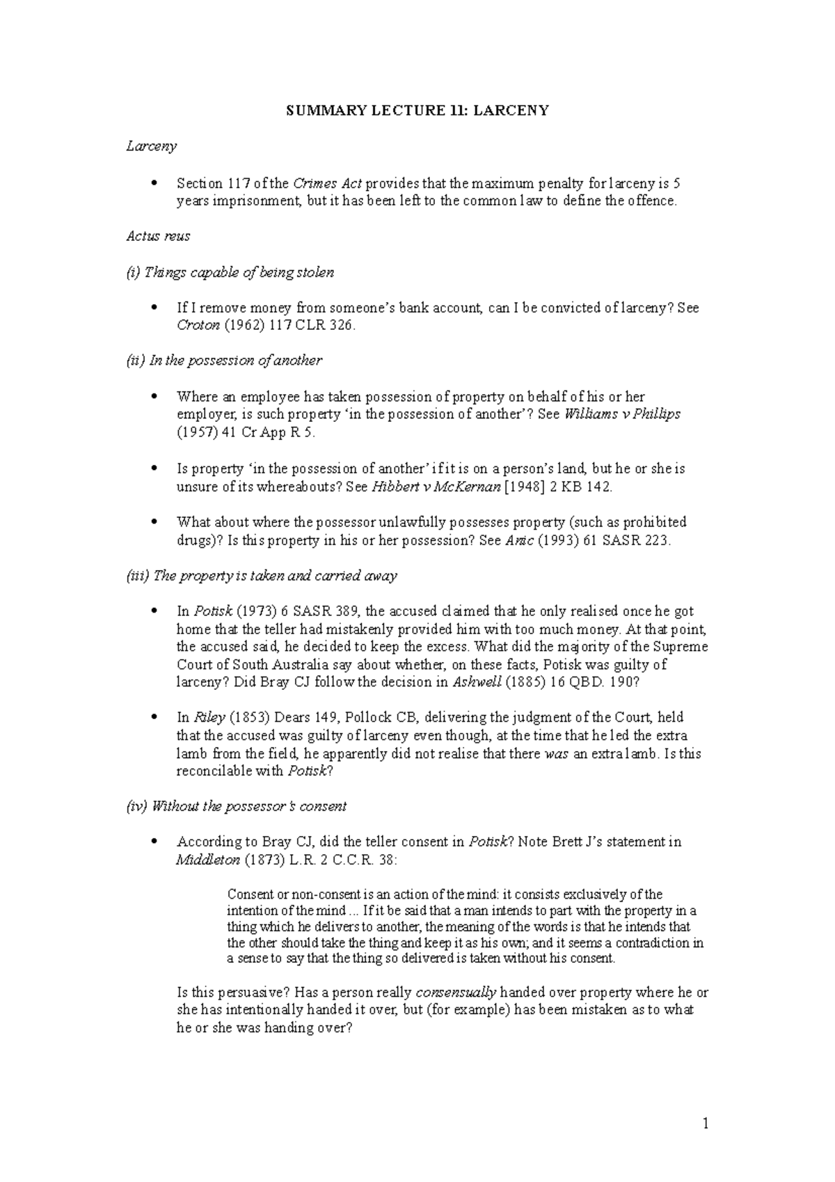 Summary Lecture 11 Larceny 2018 - SUMMARY LECTURE 11: LARCENY Larceny ...