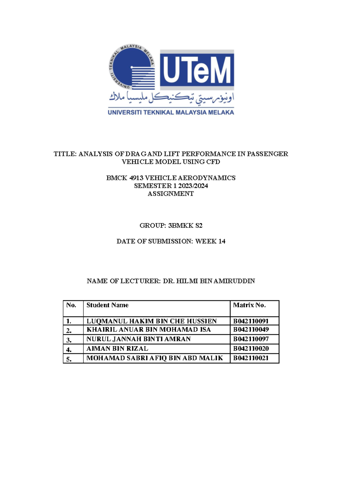 BMCK 4913: Analysis of Drag & Lift Performance in Proton Saga Project ...